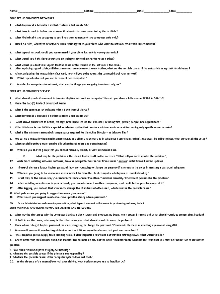 Name: - Section: - Date: - Score: - Coc2 Set Up Computer Networks | PDF | Computer Network ...
