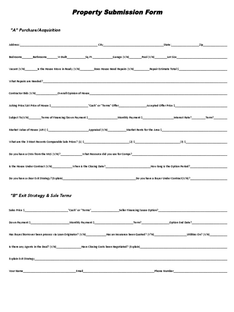 Property Submission Form: "A" Purchase/Acquisition | PDF | Prices ...