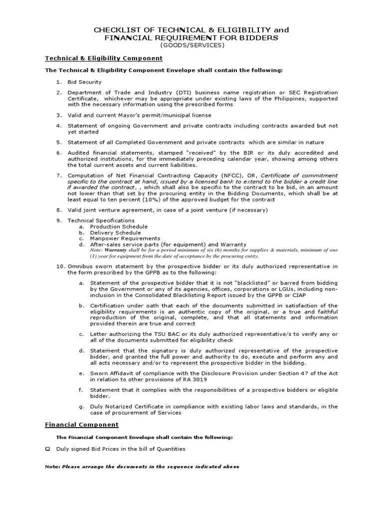 Checklist - Goods-Services Bidding | PDF | Joint Venture | Business Law