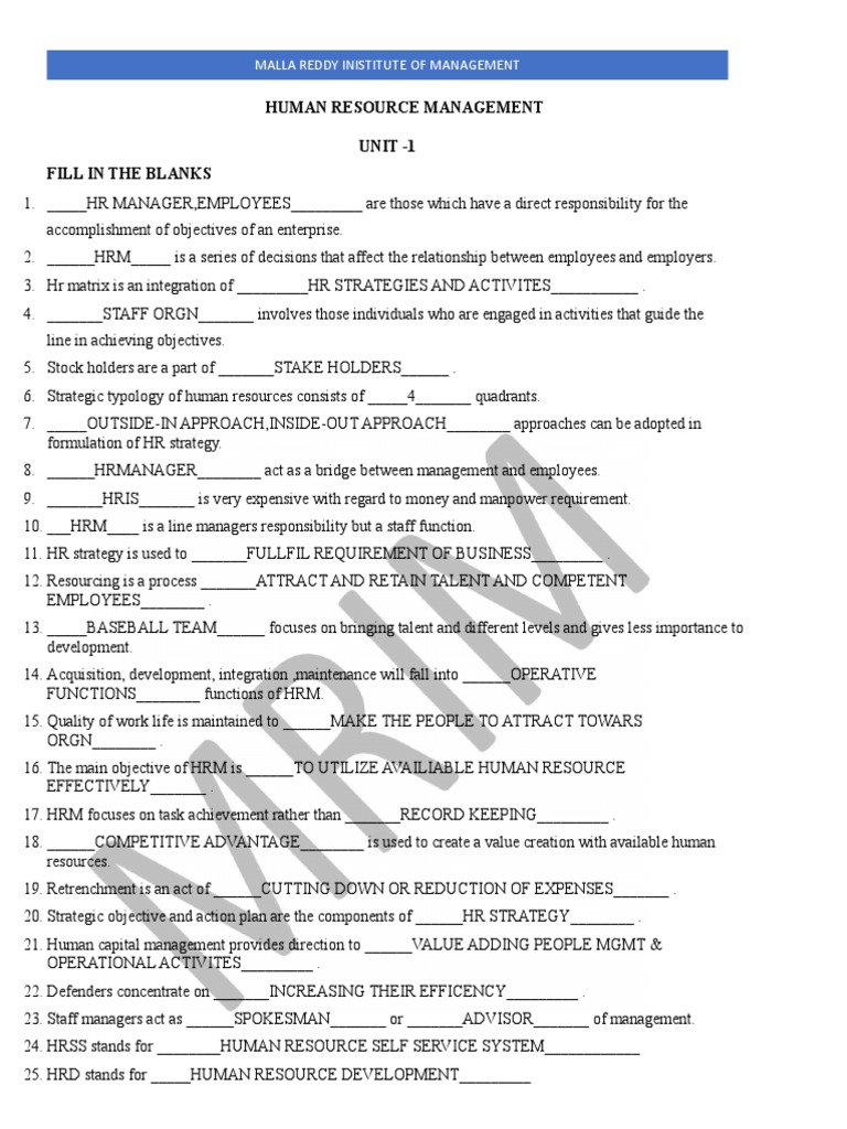 Human Resource Management Unit - 1 Fill in The Blanks: Malla Reddy ...