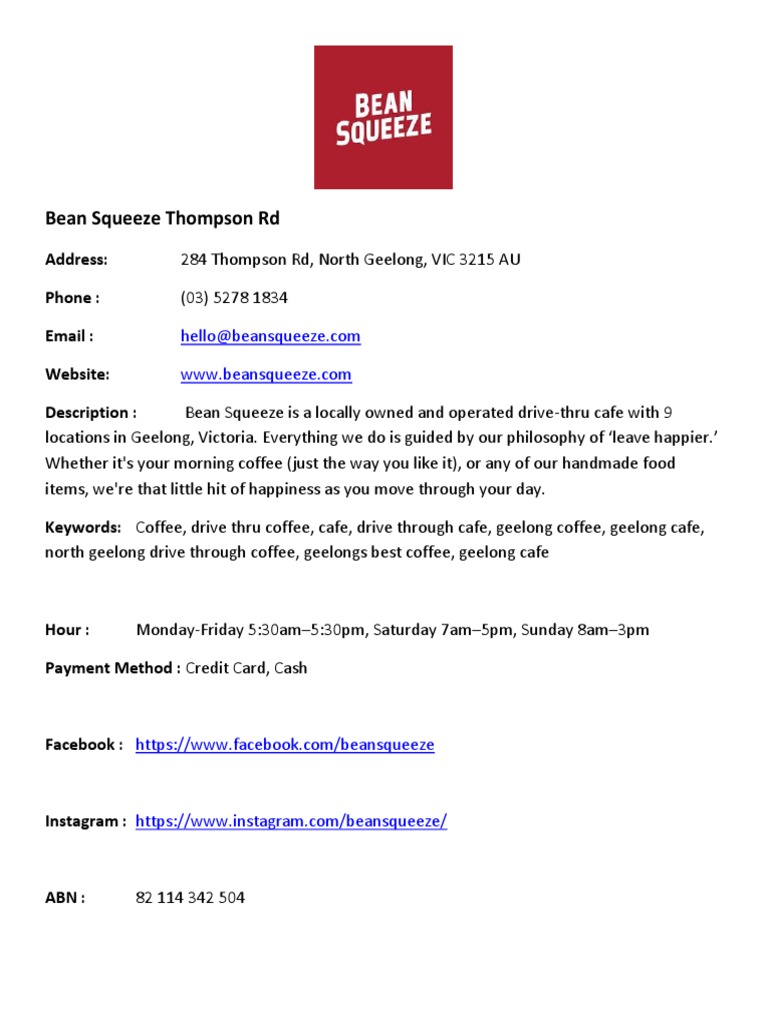 Bean Squeeze North Geelong Hours | PDF