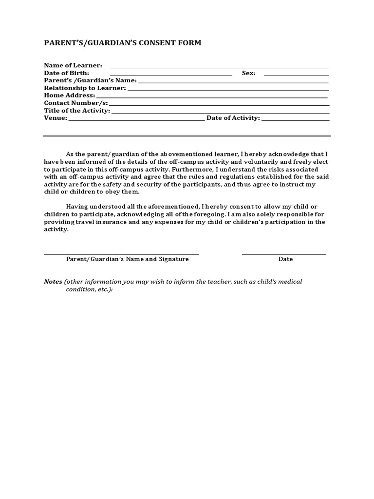 Parent'S/Guardian'S Consent Form: Condition, Etc.) | PDF