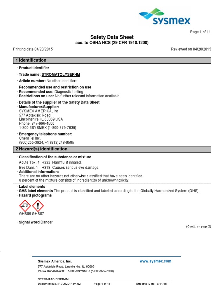Safety Data Sheet: 1 Identification | PDF | Toxicity | Safety