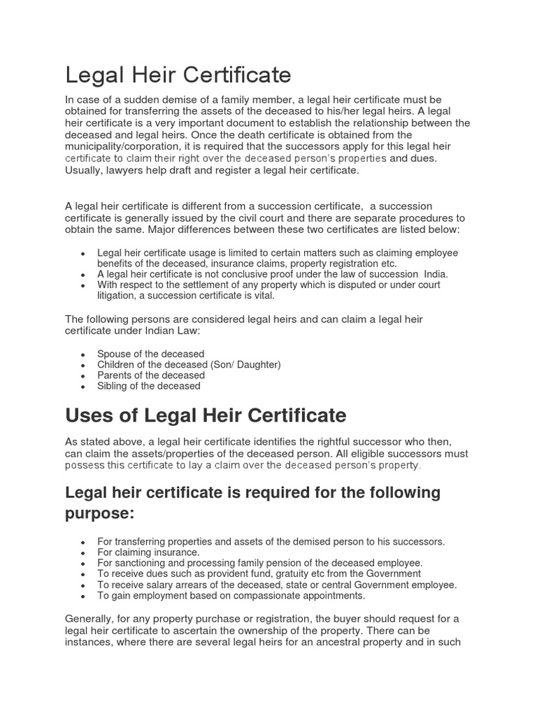 Legal Heir Certificate Details | PDF | Identity Document | Inheritance