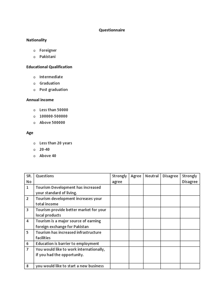 Questionnaire for Tourism Impact Survey | PDF