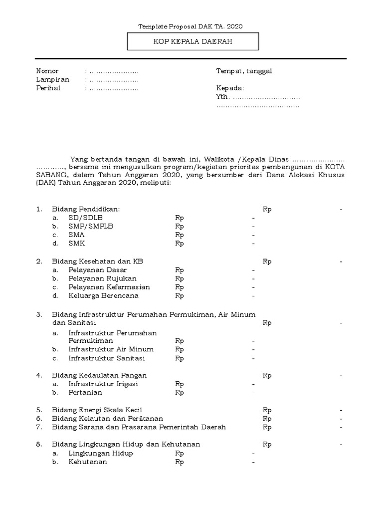 Format Daftar Usulan RKA DAK TA. 2020-1 | PDF