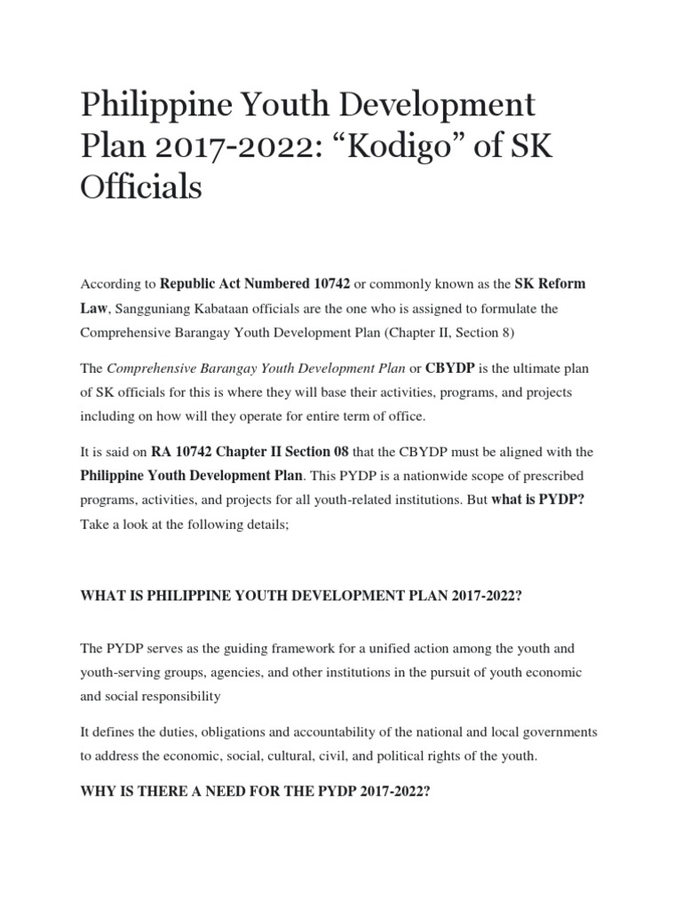 Philippine Youth Development Plan 2017-2022: "Kodigo | PDF ...
