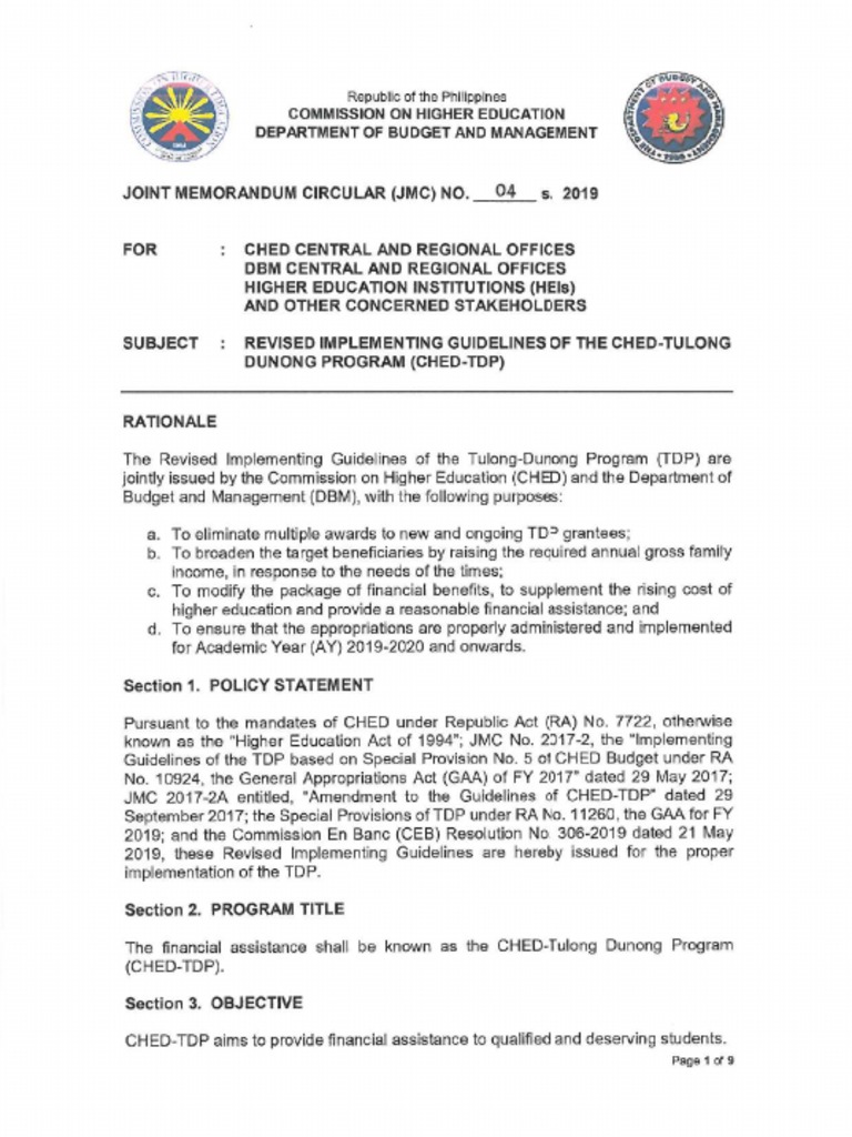 Joint Memorandum Circular No. 04 Series of 2019 Revised Implementing Guidelines of The CHED ...