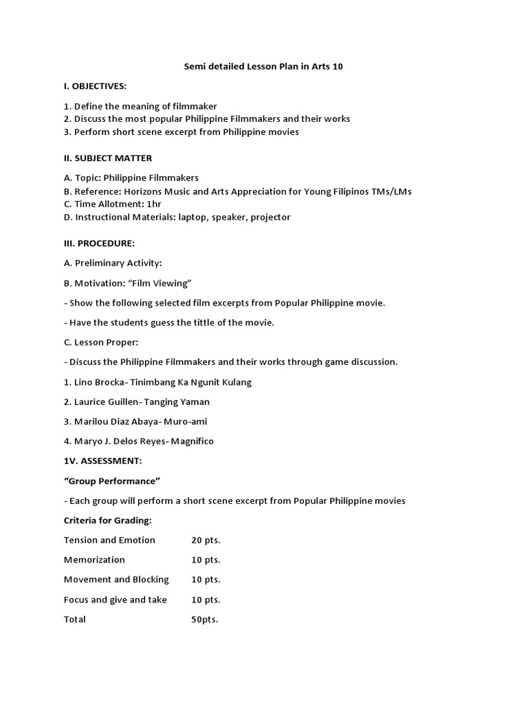 Semi Detailed Lesson Plan in Arts 10 I. Objectives | PDF
