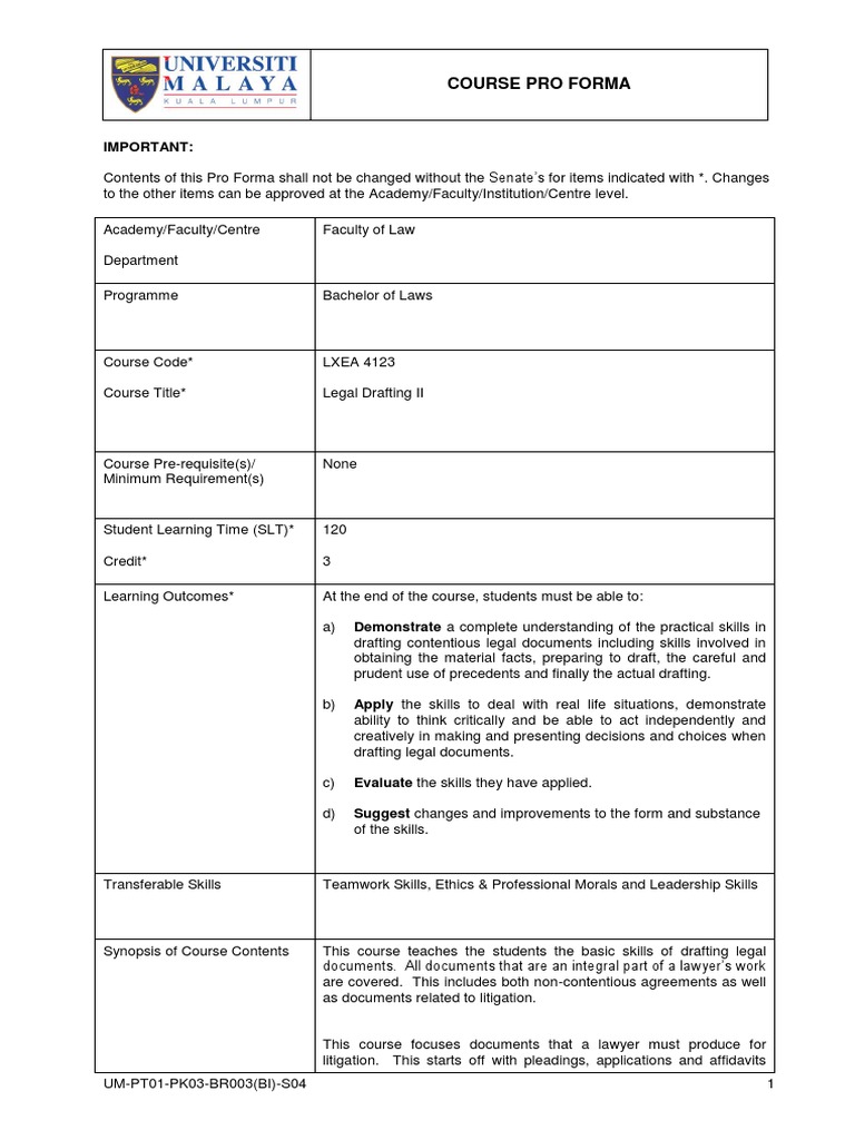 Legal Drafting II Course Pro Forma | PDF | Lawyer | Lecture