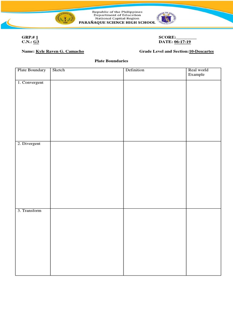 Types of Plate Boundaries Worksheet Completed Notes | PDF