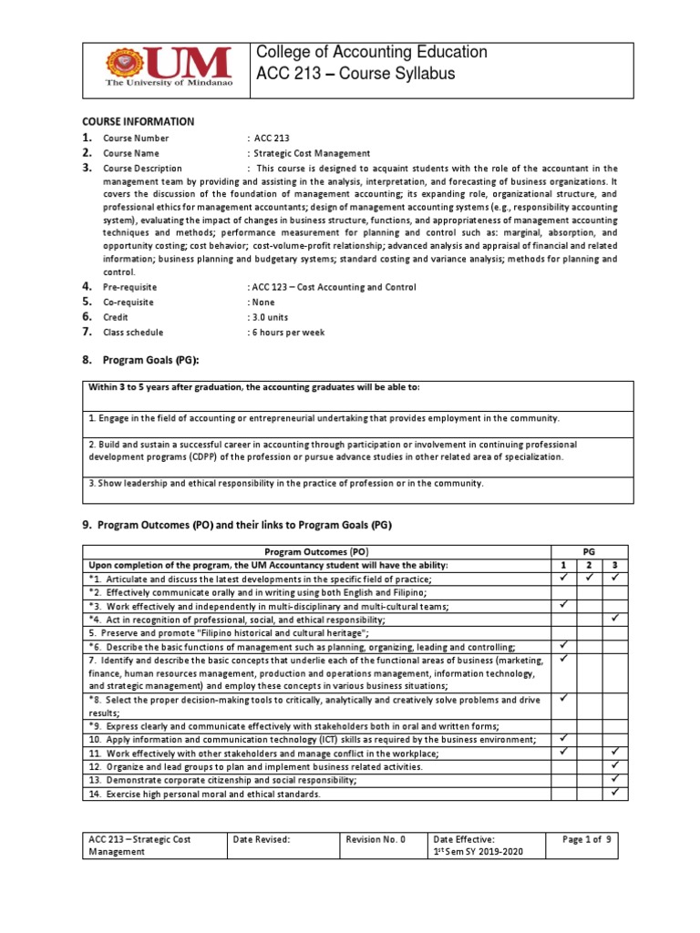 ACC 213 Strategic Cost Management Syllabus | PDF | Cost Accounting ...