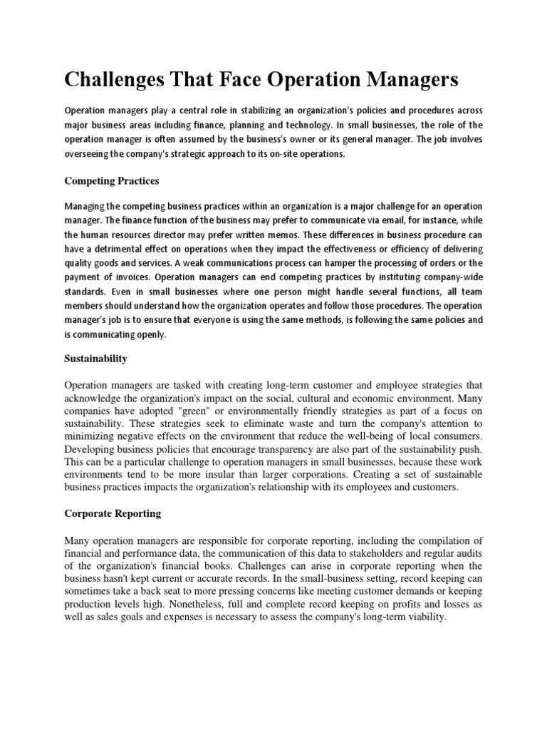 Key Challenges for Operations Managers | PDF | Operations Management ...