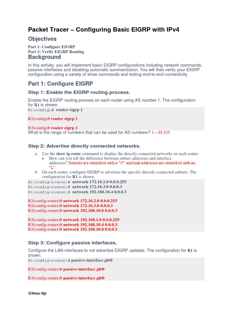 Packet Tracer - Configuring Basic Eigrp With Ipv4: Objectives | PDF | Router (Computing ...