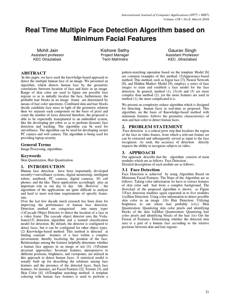 Real Time Multiple Face Detection Algorithm Based On Minimum Facial Features | PDF | Rgb Color ...