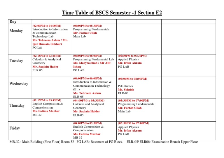 Time Table of BSCS Semester (E2) | PDF