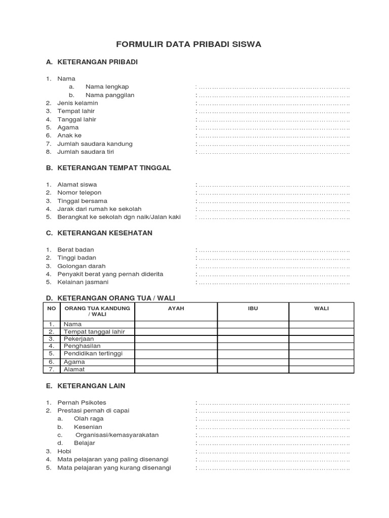 Formulir Data Pribadi Siswa | PDF