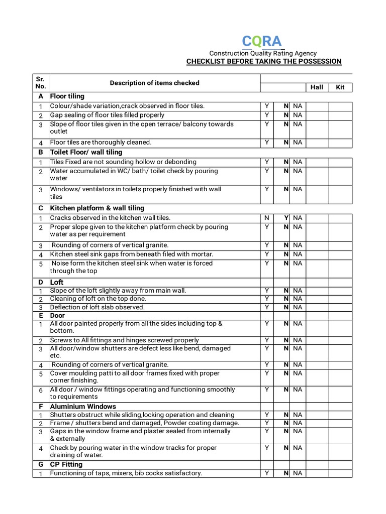 Checklist Before Taking The Possession: Sr. No. Description of Items ...