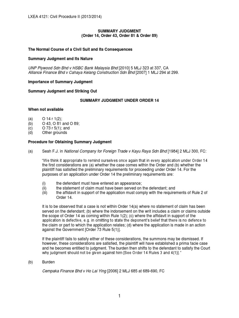 Summary Judgment in Civil Procedure | PDF | Summary Judgment | Judgment ...