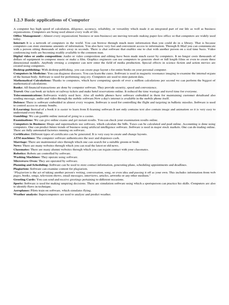 1.2.3 Basic Applications of Computer | PDF | Internet | Personal Computers