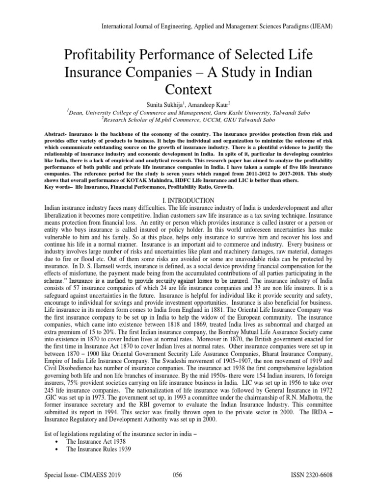 Profitability Performance of Selected Life Insurance Companies - A ...