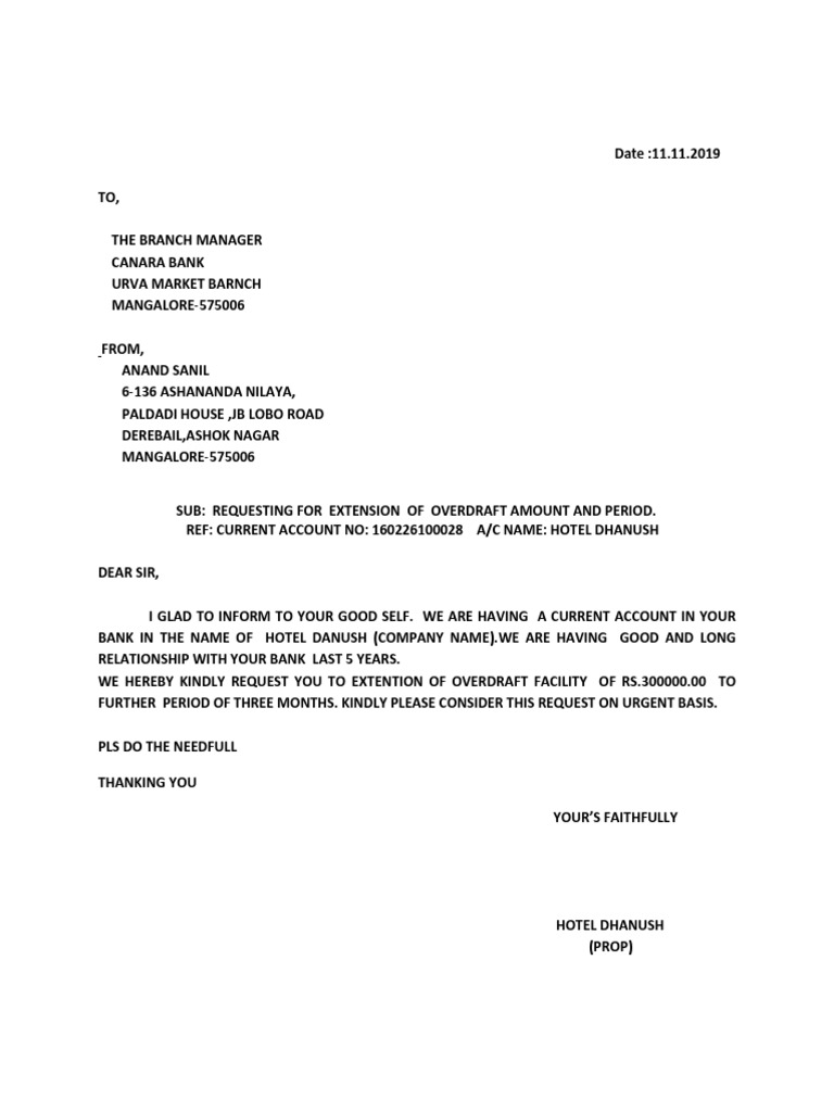 Sub: Requesting For Extension of Overdraft Amount and Period | PDF
