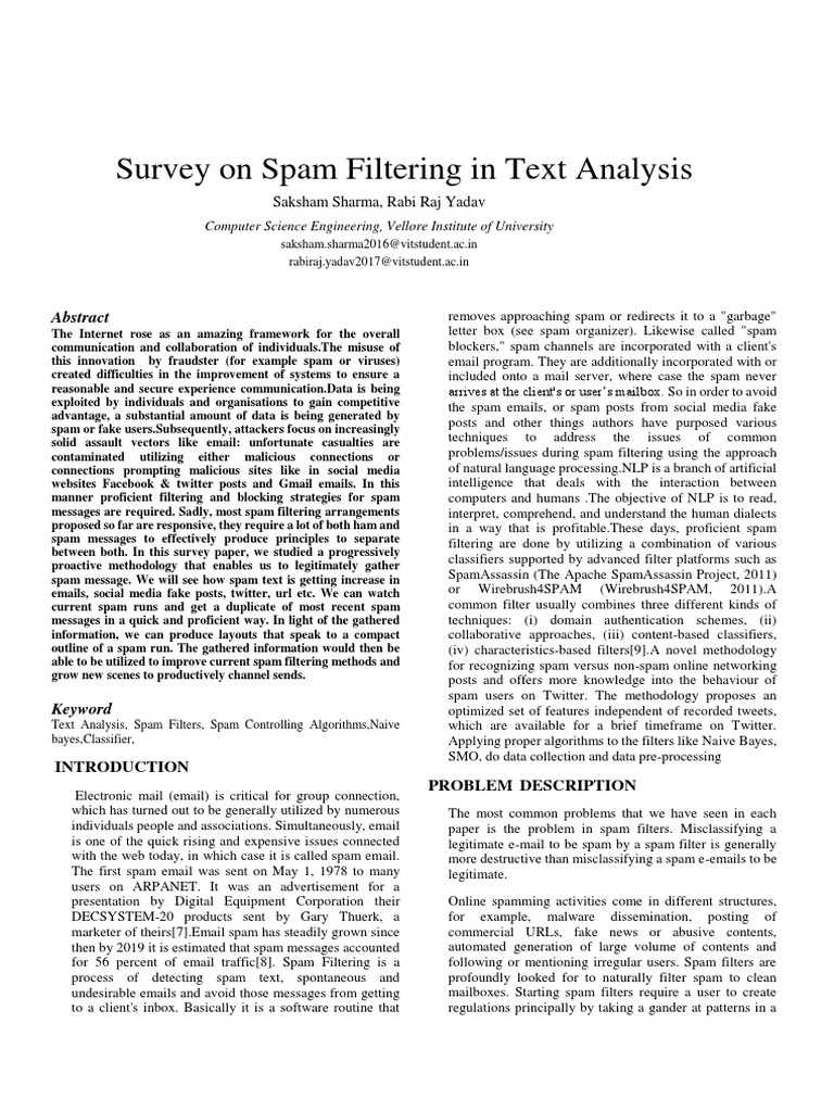 Survey On Spam Filtering in Text Analysis: Saksham Sharma, Rabi Raj ...