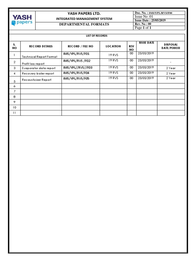 Yash Papers LTD.: Integrated Management System Departmental Formats | PDF