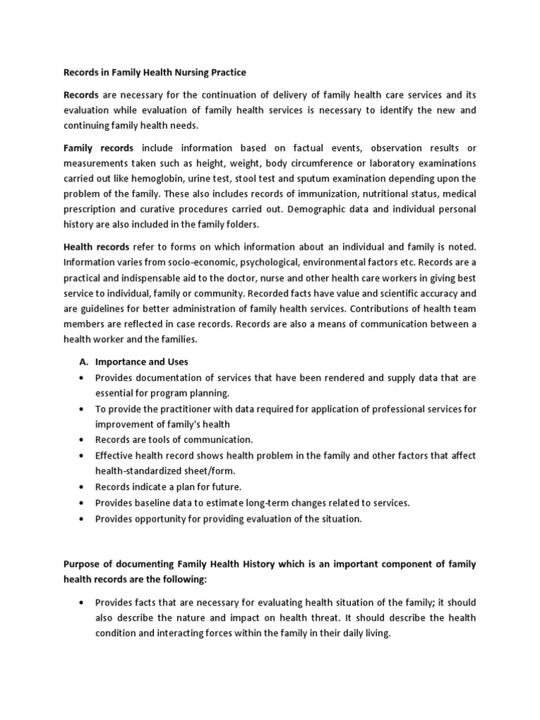Records in Family Health Nursing Practice | PDF | Health Care | Community