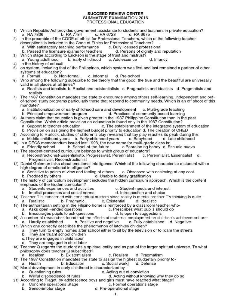 Professional Education Exam 2016 | PDF | Test (Assessment) | Multiple ...