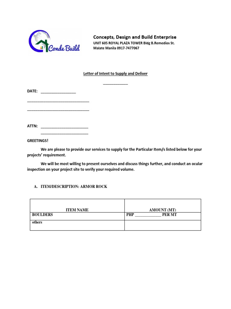 Letter of Intent To Supply and Deliver | PDF