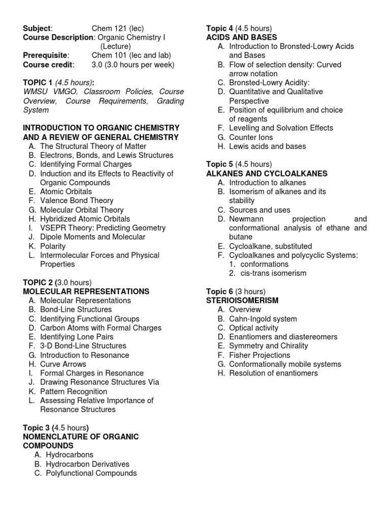 Chem 121 Syllabus Pdf Chemical Reactions Alkene