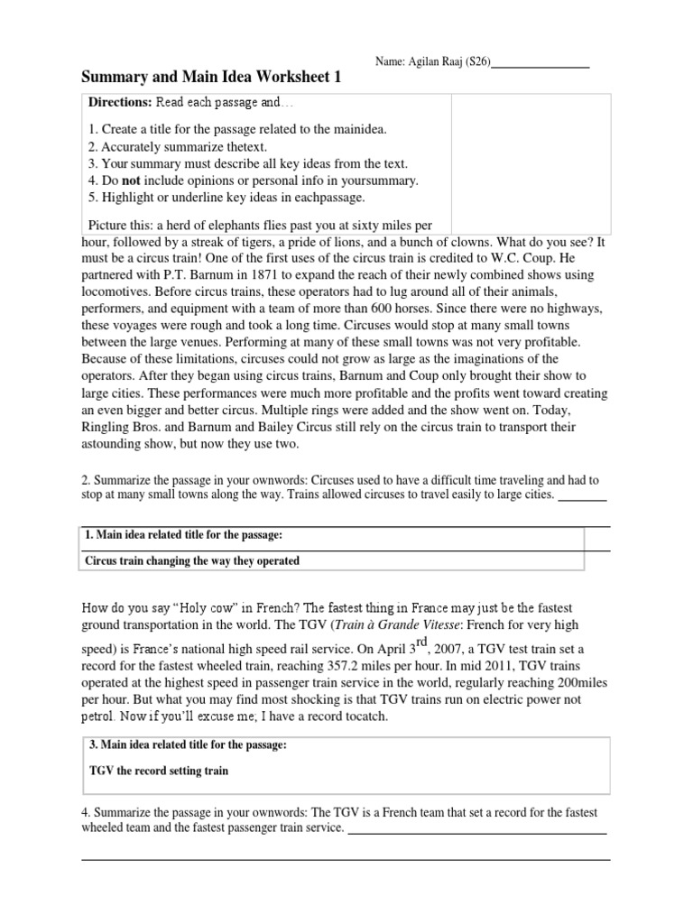 Summary and Main Idea Worksheet 1: Directions: Read Each Passage and ...
