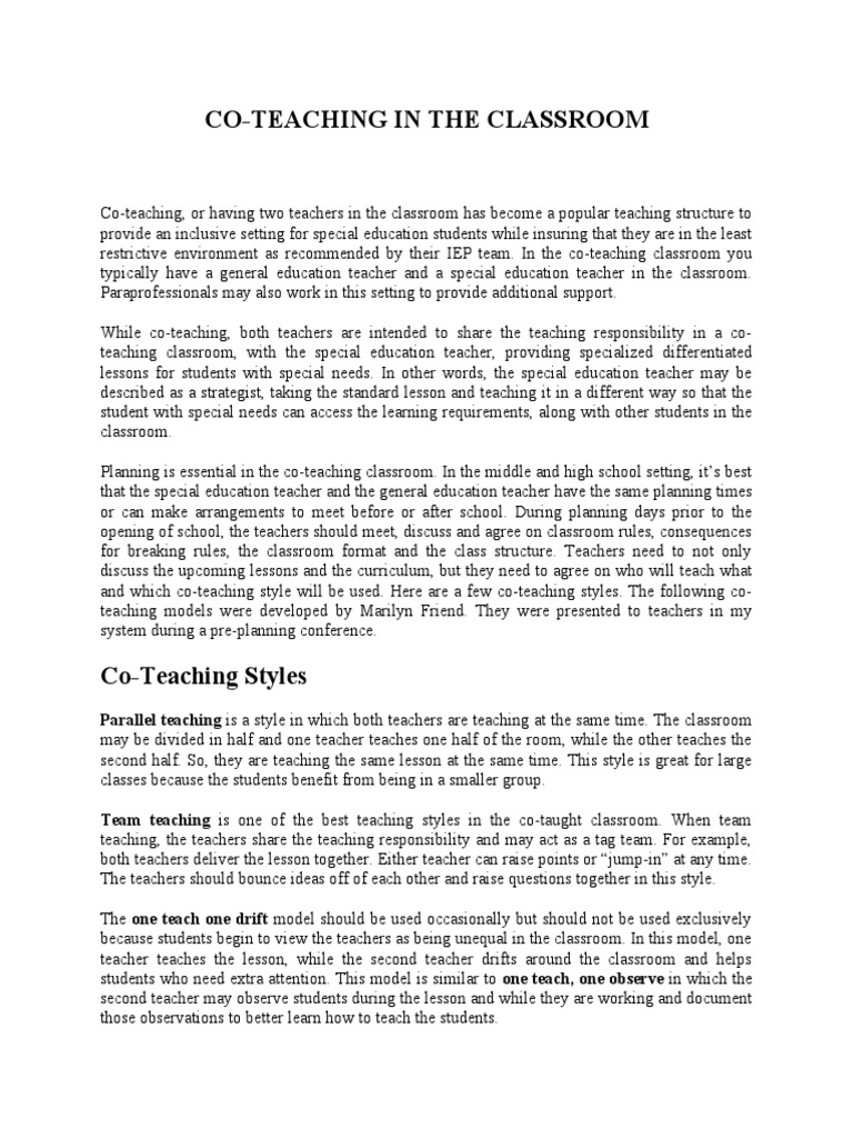 Co Teaching | PDF | Classroom | Teachers