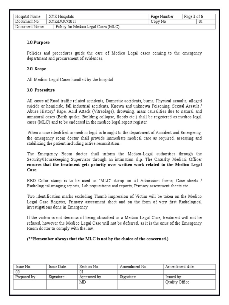 2011 - Policy For Medico Legal Cases (MLC) | PDF | Emergency Department ...