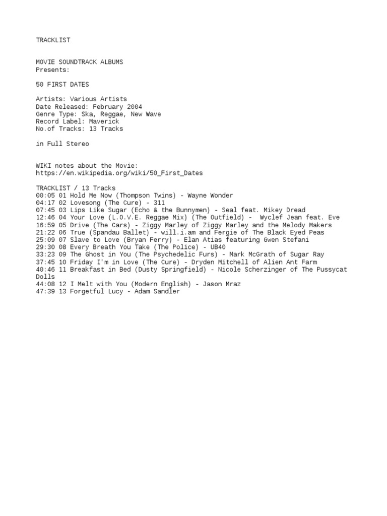 50 First Dates Soundtrack Tracklist | PDF | Art | Mystery, Thriller ...