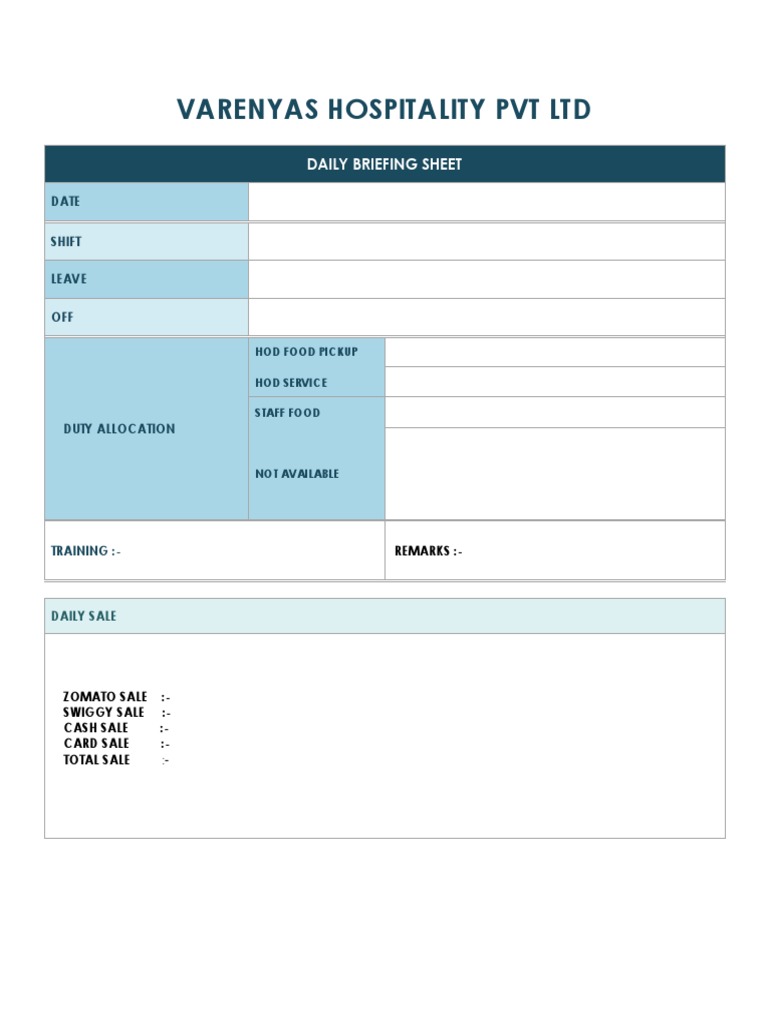 Varenyas Hospitality PVT LTD: Daily Briefing Sheet | PDF