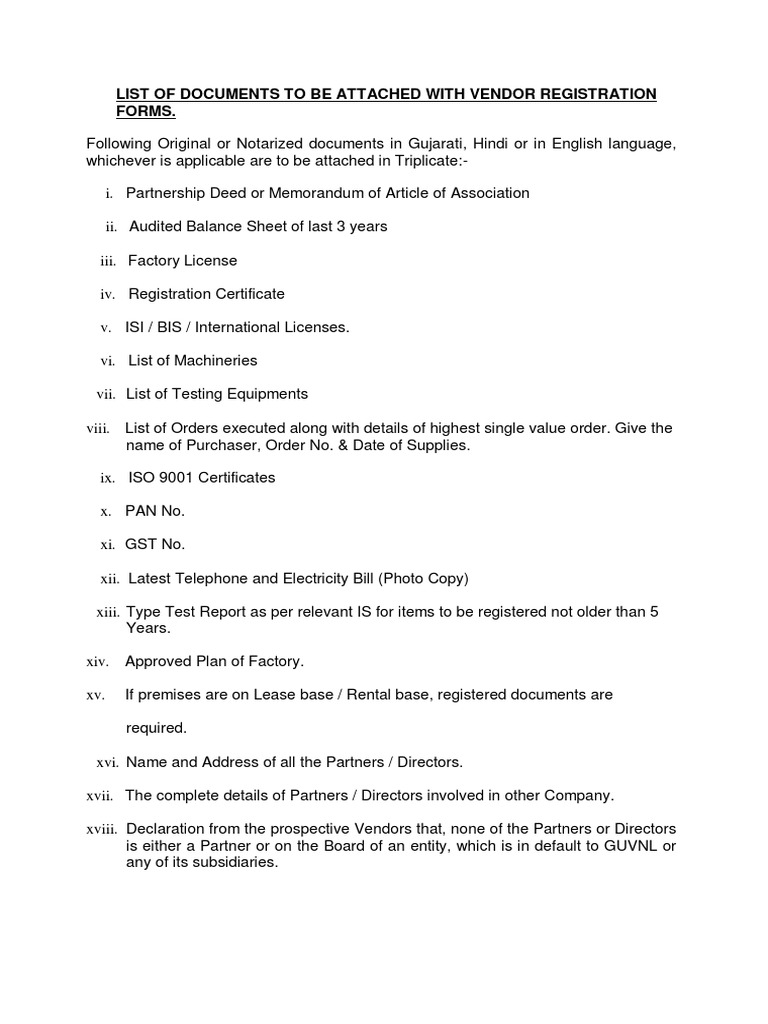 List of Documents To Be Attached With Vendor Registration Forms | PDF