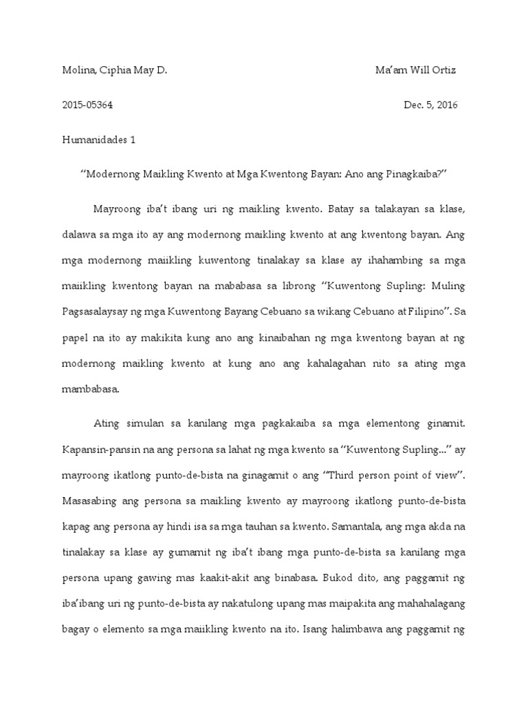 Modernong Maikling Kwento at Mga Kwentong Bayan: Ano Ang Pinagkaiba? | PDF