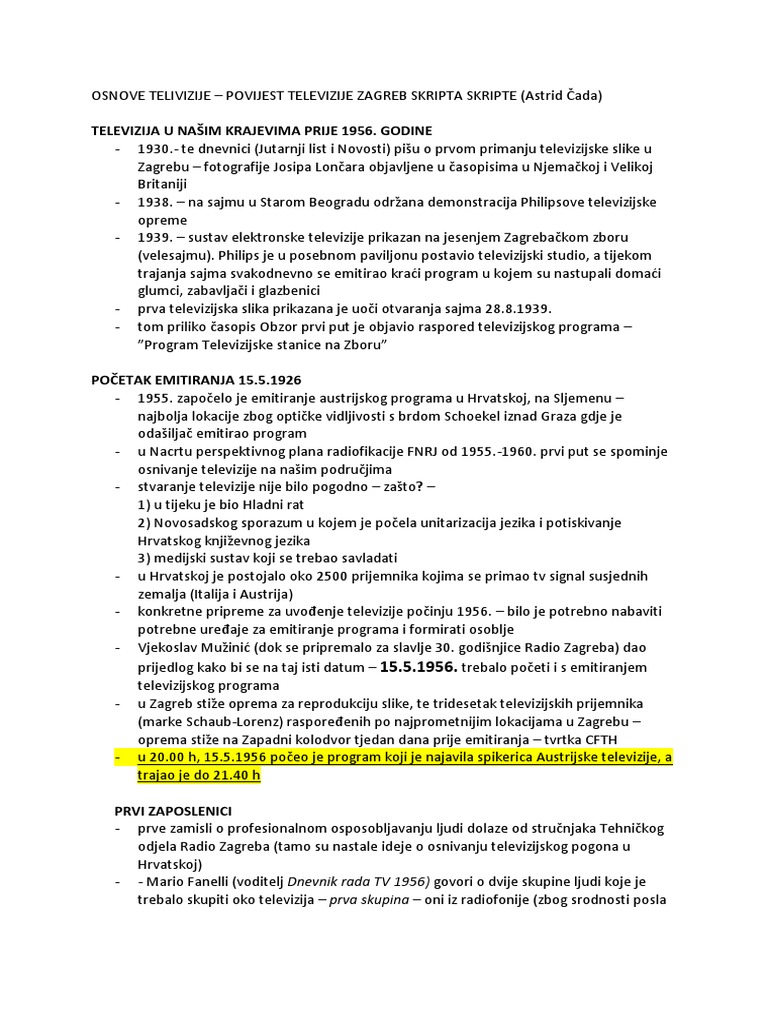 Osnove Telivizije - Povijest Televizije Zagreb Skripta Skripte | PDF