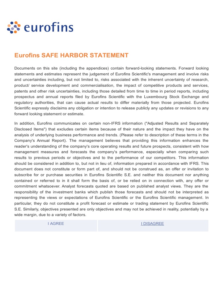 Eurofins Safe Harbor Statement | PDF | Risk | Business