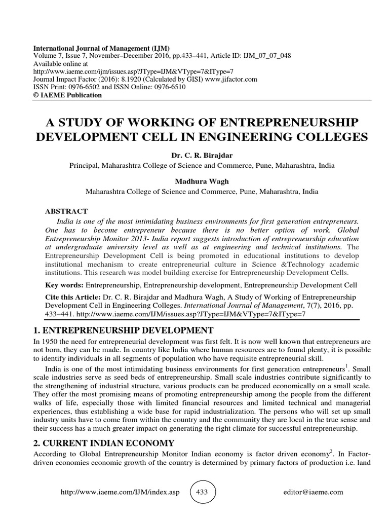 A Study of Working of Entrepreneurship Development Cell in Engineering ...