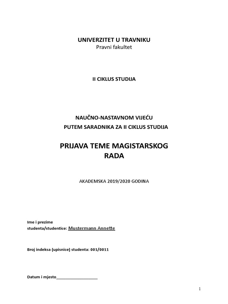 Prijava Teme Magistarskog Rada Skolski Primjer 20 | PDF