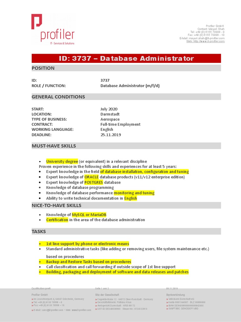 Job Description 3737 Oracle DBA | PDF | Oracle Database | Databases