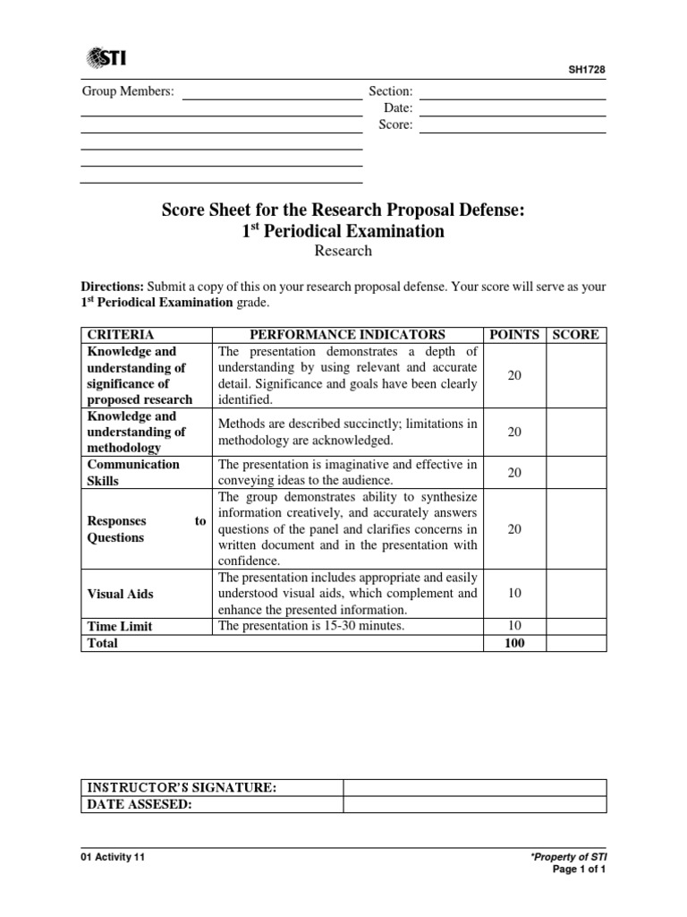 Score Sheet For The Research Proposal Defense: 1 Periodical Examination ...