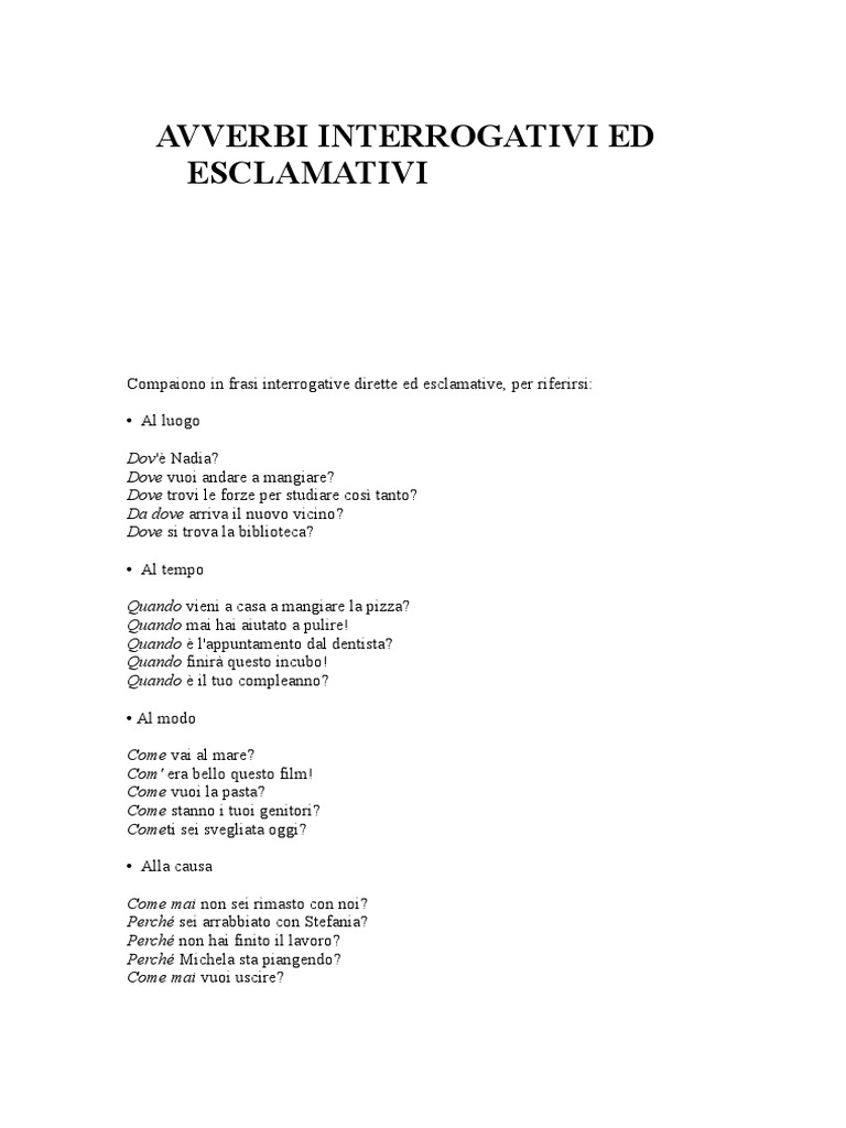 Avverbi Interrogativi Ed Esclamativi | PDF