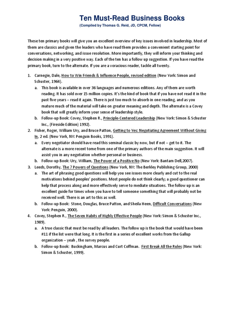Ten Must Read Books Handout | PDF | Psychological Concepts | Books