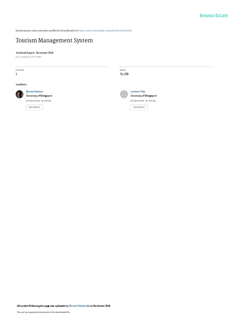 Tourism Management System: November 2016 | PDF | Databases | Relational Database