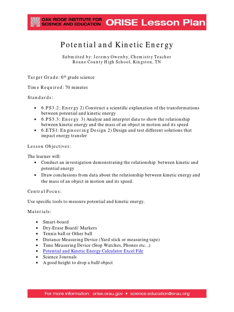 Kinetic and Potential Energy Lesson Plan | PDF | Kinetic Energy ...