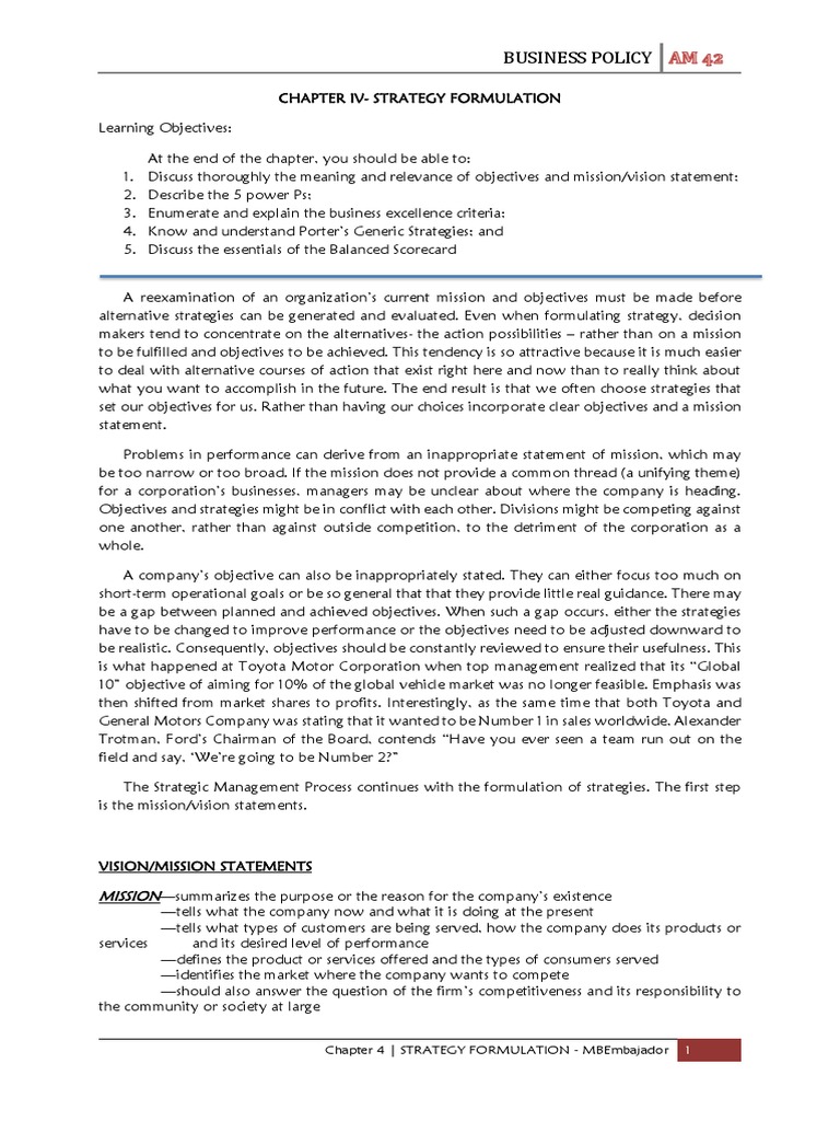 Am 42 - Chapter Iv - Strategy Formulation | PDF | Strategic Management | Competition
